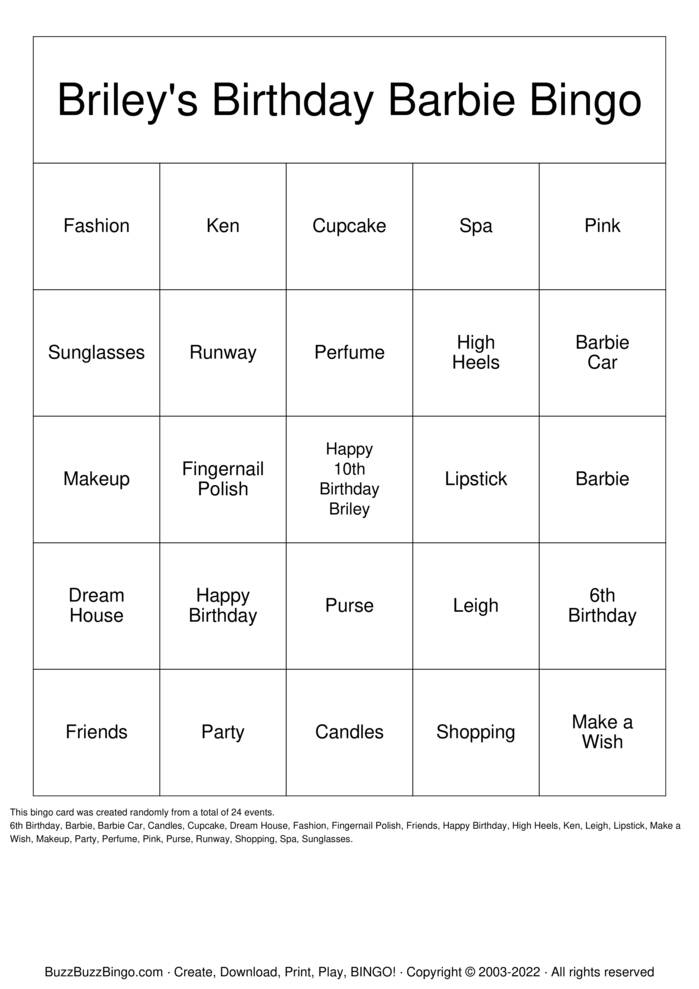 Barbie Bingo Cards to Download, Print and Customize!