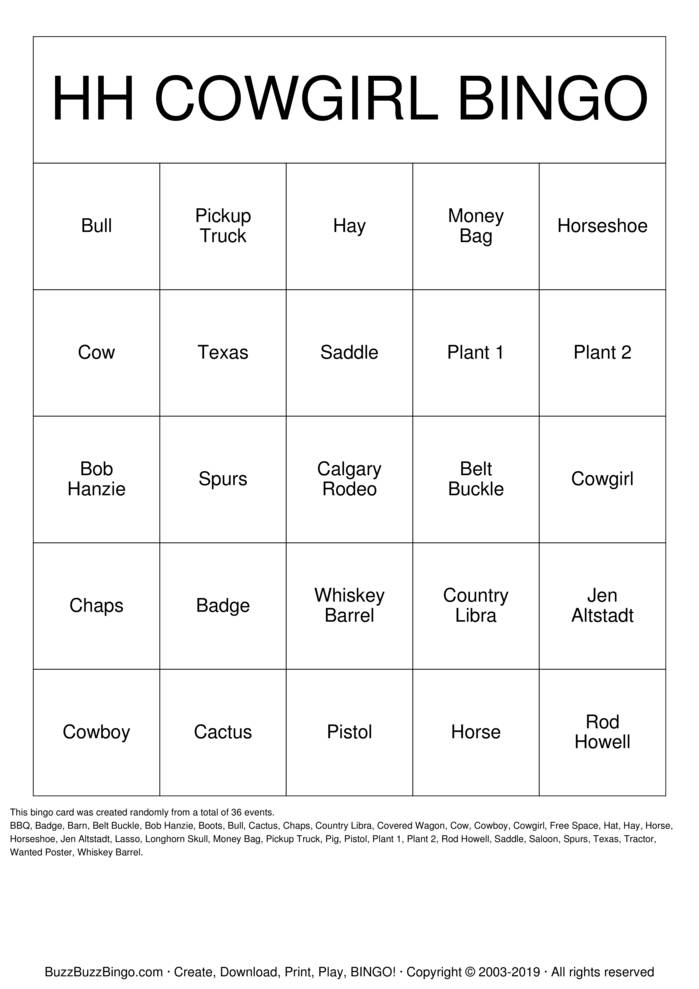 COWGIRL BINGO Bingo Cards to Download, Print and Customize!