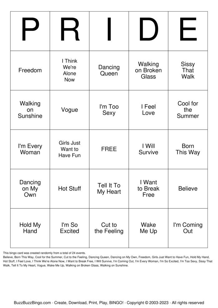 CRC Pride Music Bingo Bingo Cards to Download, Print and Customize!