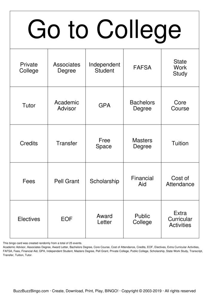 College Bingo Cards to Download, Print and Customize!