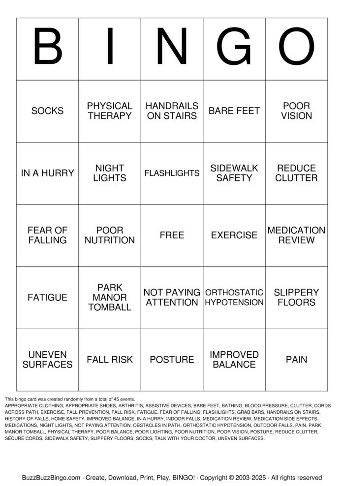 Fall Prevention Bingo Cards to Download, Print and Customize!