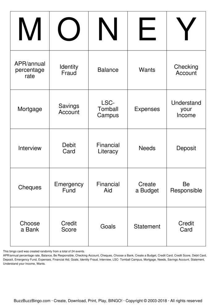 Financial Literacy Bingo Cards to Download, Print and Customize!