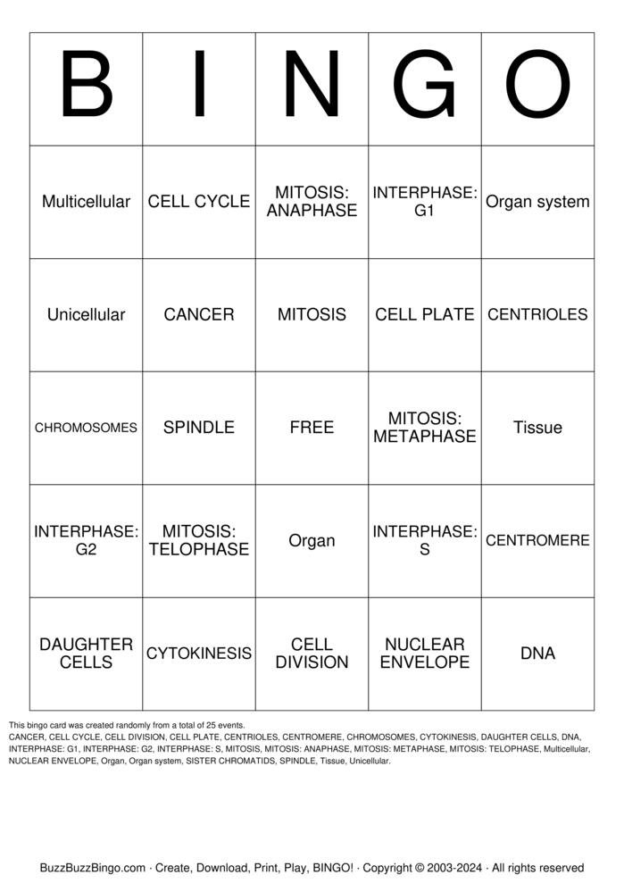 MITOSIS Bingo Cards to Download, Print and Customize!