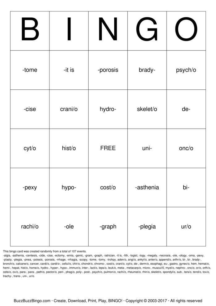 Medical Terms Word Parts Bingo Cards to Download, Print and Customize!