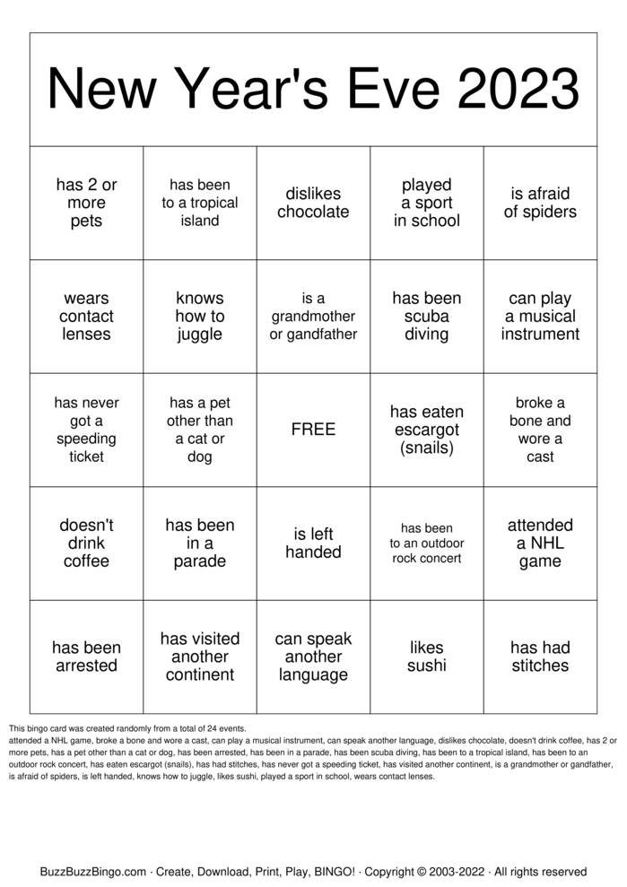 New Year's Eve 2023 Bingo Cards to Download, Print and Customize!