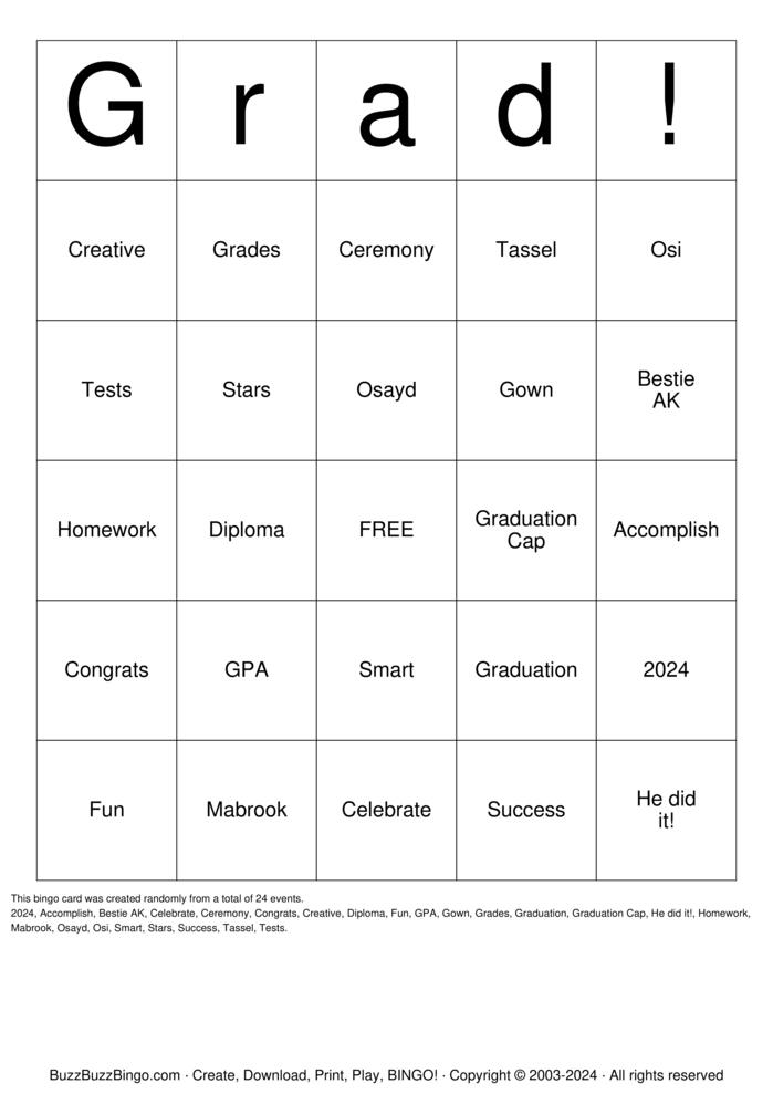 Osayd's Graduation Bingo Cards to Download, Print and Customize!