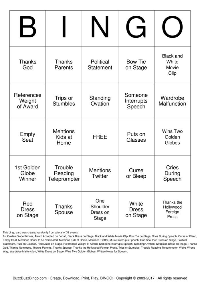 Screen Actors Guild Bingo Cards to Download, Print and Customize!