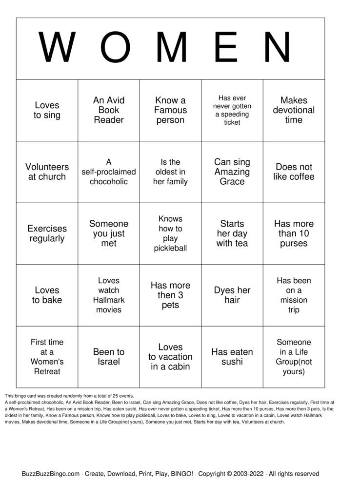 W O M E N Bingo Cards to Download, Print and Customize!