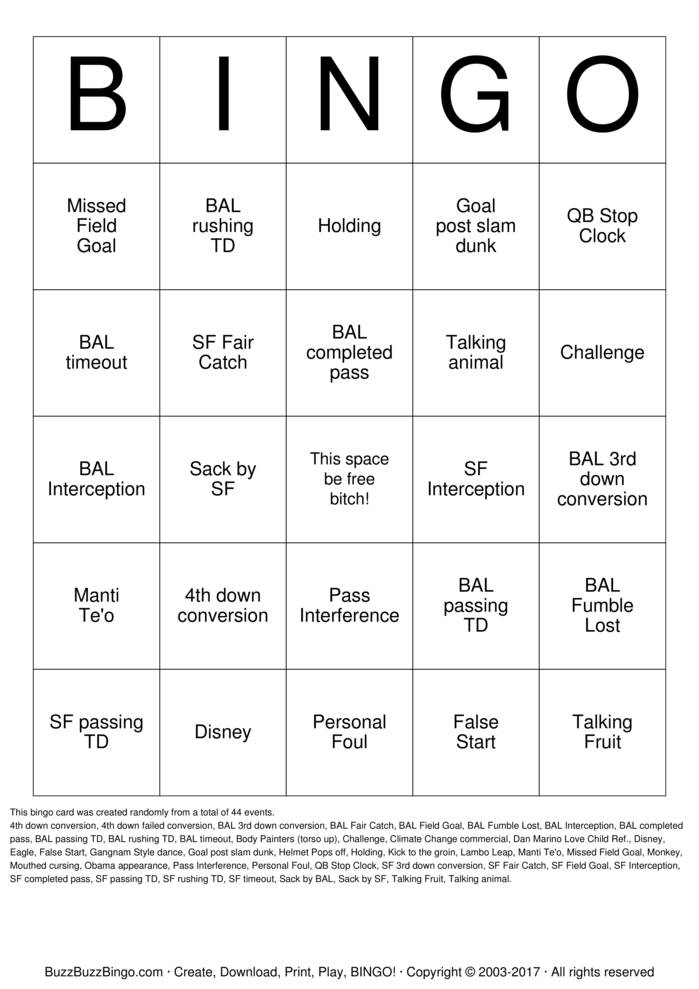 2013 Superbowl BAL vs SF Bingo Cards to Download, Print and Customize!