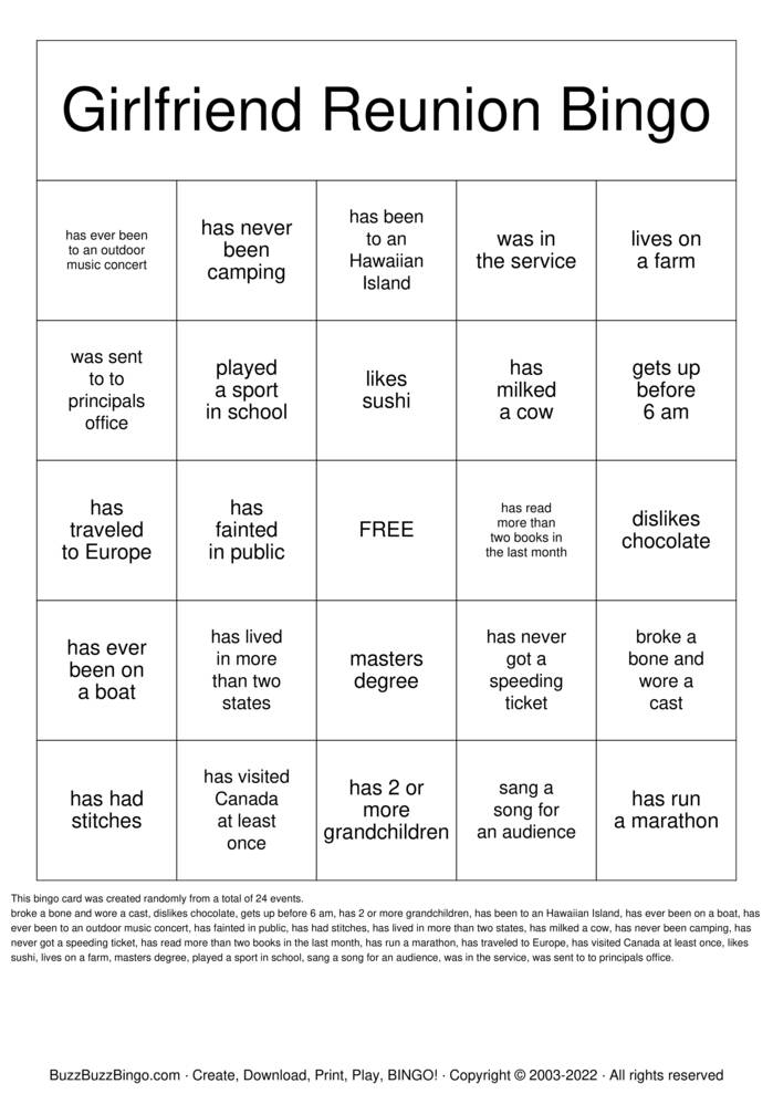 Girlfriend Reunion Bingo Bingo Cards to Download, Print and Customize!