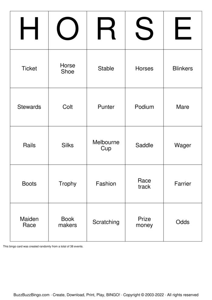 Horse Bingo Cards to Download, Print and Customize!