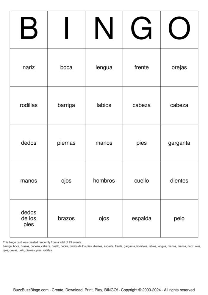 Las Partes del Cuerpo Bingo Cards to Download, Print and Customize!