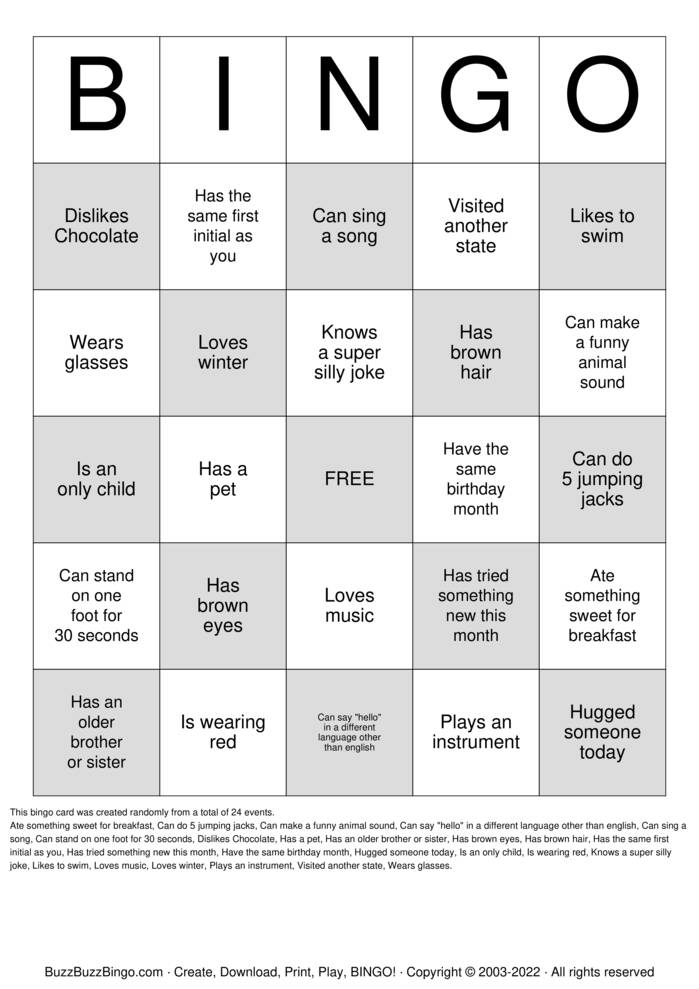 Meet new friends Bingo Cards to Download, Print and Customize!