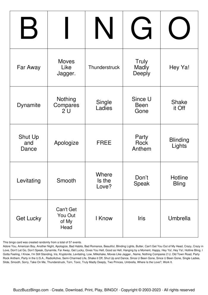 Pop Hits Bingo Bingo Cards to Download, Print and Customize!