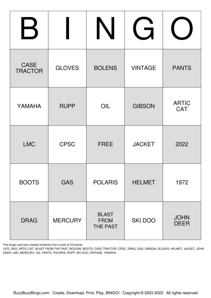 SNOWMOBILE BINGO Bingo Cards to Download, Print and Customize!