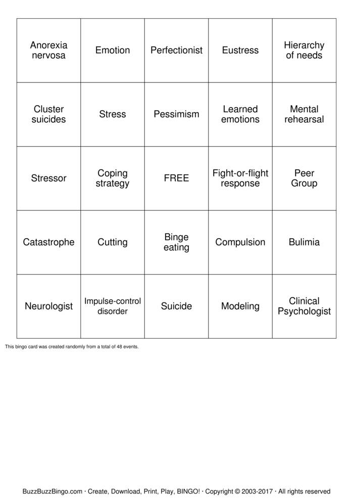 coping strategy Bingo Cards to Download, Print and Customize!