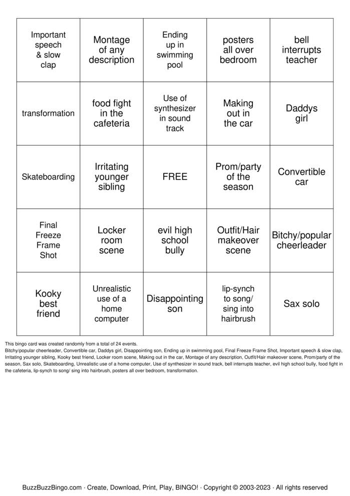 80's Movie Cliche Bingo Cards to Download, Print and Customize!