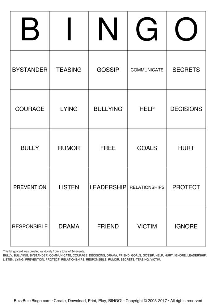 BULLY PREVENTION BINGO Bingo Cards to Download, Print and Customize!