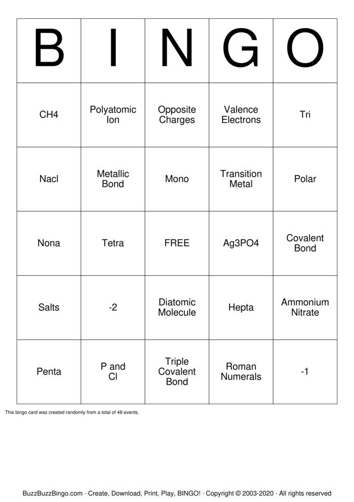 Chemical Bonds Bingo Cards to Download, Print and Customize!