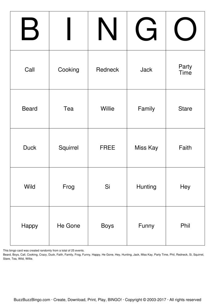 Duck Dynasty Bingo Cards to Download, Print and Customize!