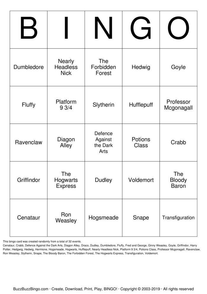 Harry Potter Bingo Bingo Cards to Download, Print and Customize!