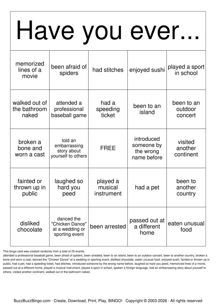 Have you ever.... Bingo Cards to Download, Print and Customize!