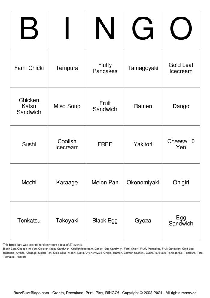 Japanese Food Bingo Cards to Download, Print and Customize!