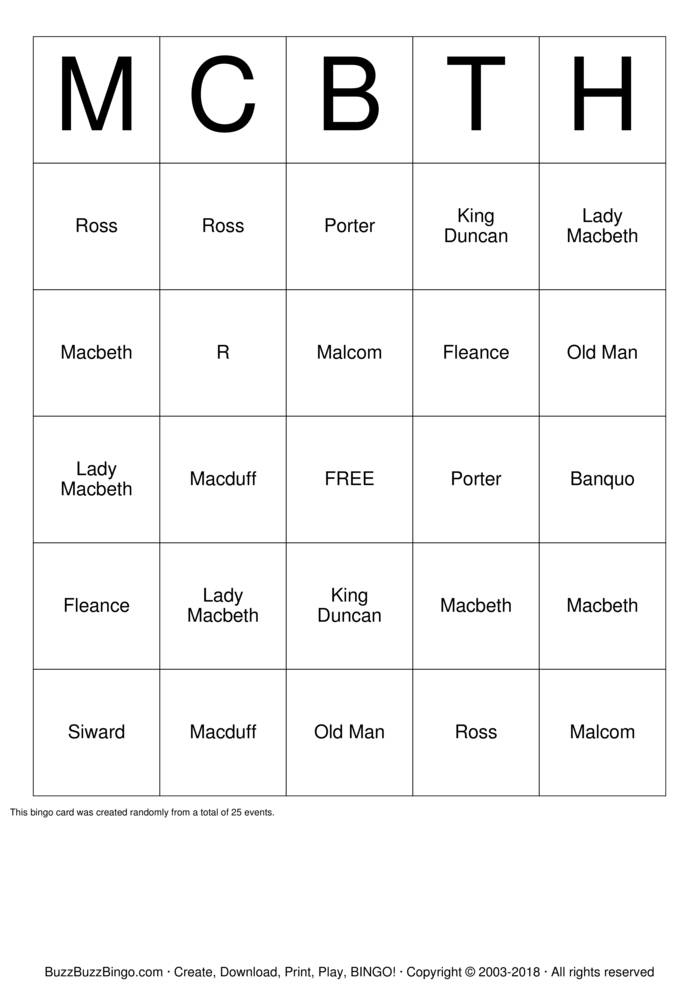 MacBeth Bingo Cards to Download, Print and Customize!