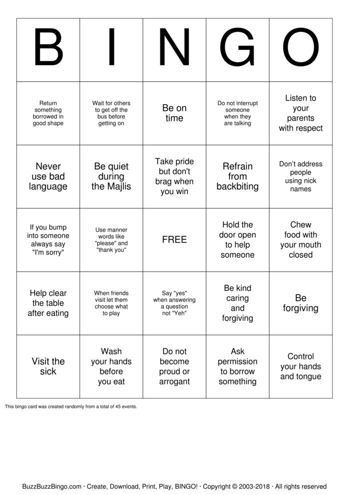 Manners Bingo Cards to Download, Print and Customize!
