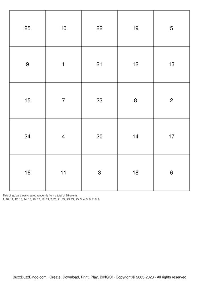 Numbers 1-25 Bingo Cards to Download, Print and Customize!