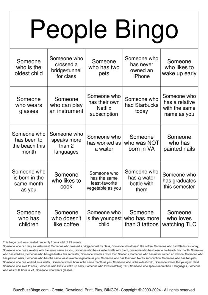 People Bingo Bingo Cards to Download, Print and Customize!