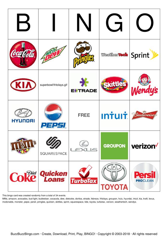 Popular name Brands Bingo Cards to Download, Print and Customize!