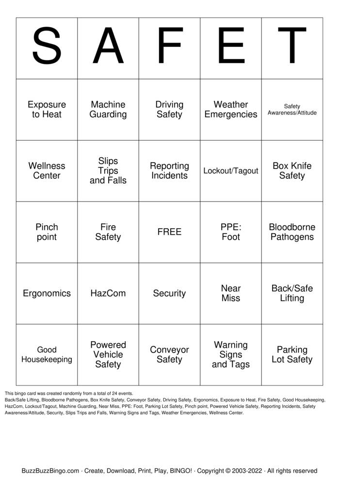 SAFE-T-BINGO Bingo Cards to Download, Print and Customize!