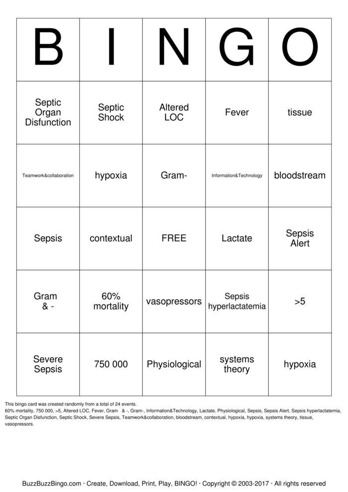 SEPSIS Bingo Cards to Download, Print and Customize!