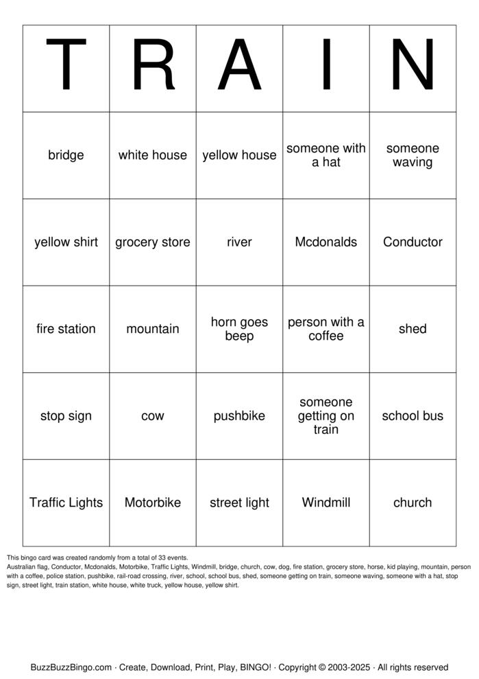 TRAIN Bingo Cards to Download, Print and Customize!