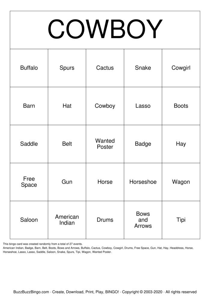 WILD WEST Bingo Cards to Download, Print and Customize!