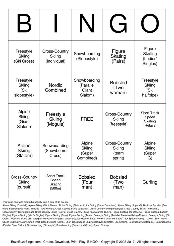 Winter Olympics Bingo Cards to Download, Print and Customize!