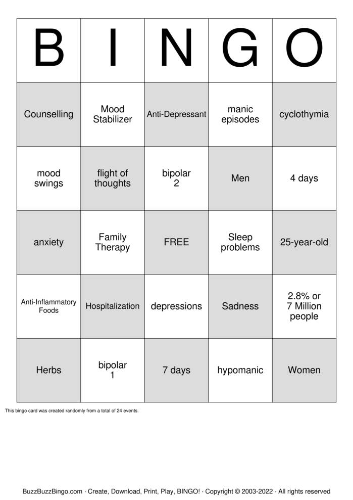 bipolar disorder Bingo Cards to Download, Print and Customize!