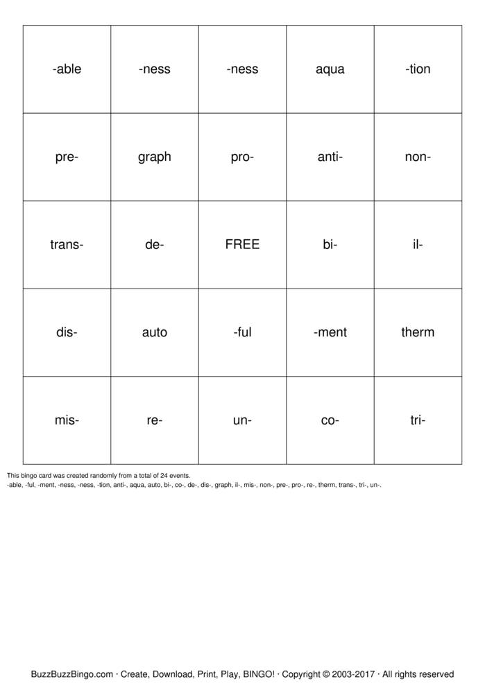 Affix & Root Word Throwdown Bingo Cards to Download, Print and Customize!