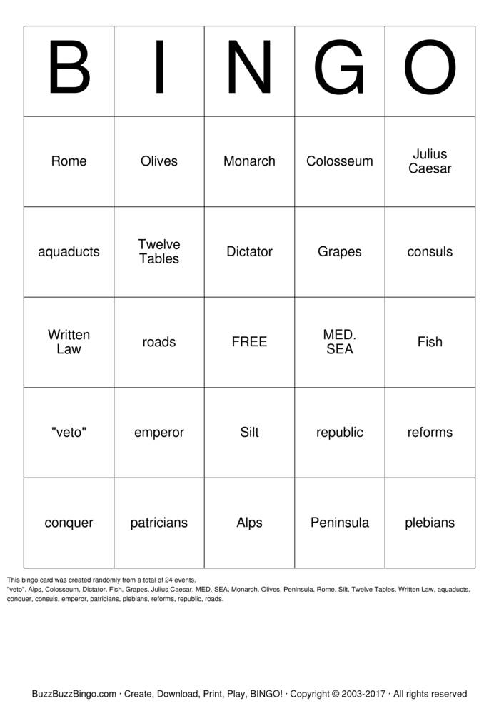 Ancient Rome Bingo Cards to Download, Print and Customize!