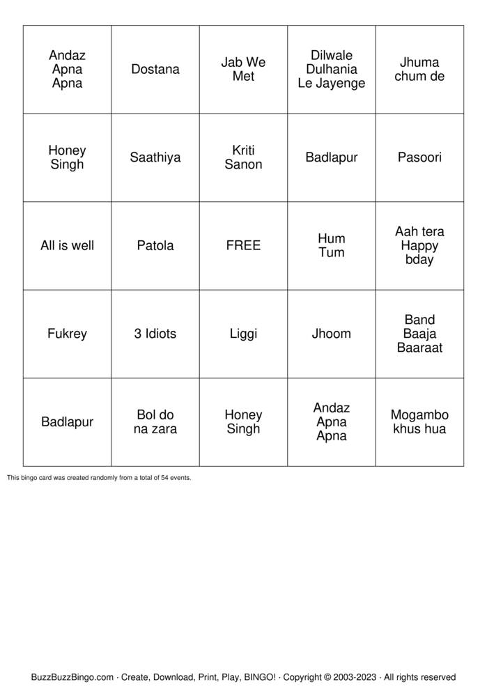 BollyWood Bingo Bingo Cards to Download, Print and Customize!