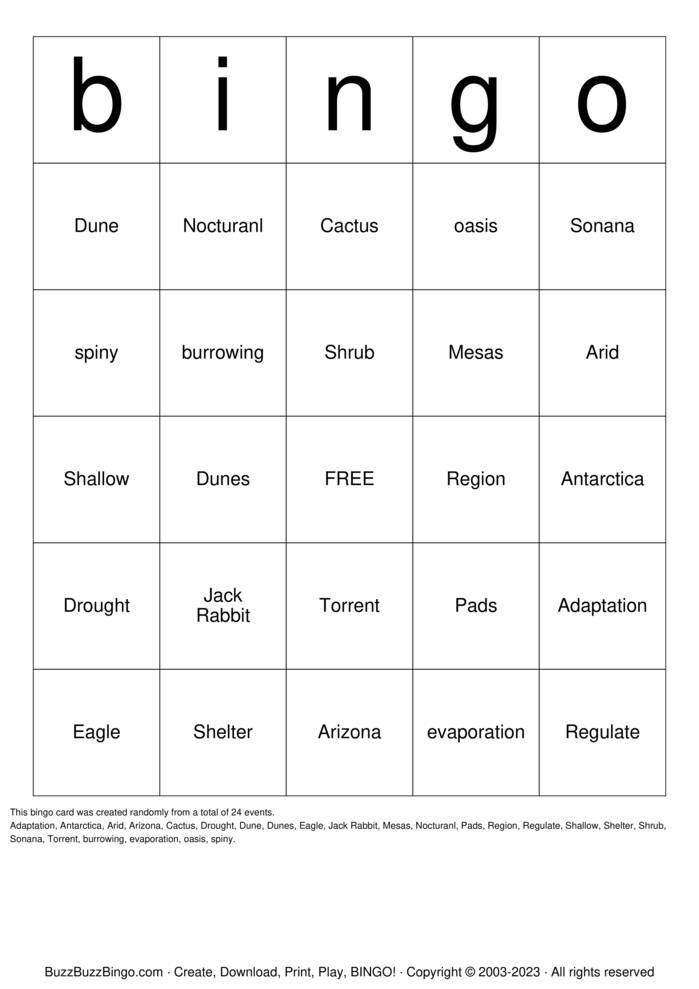 Desert Biome Bingo Cards to Download, Print and Customize!