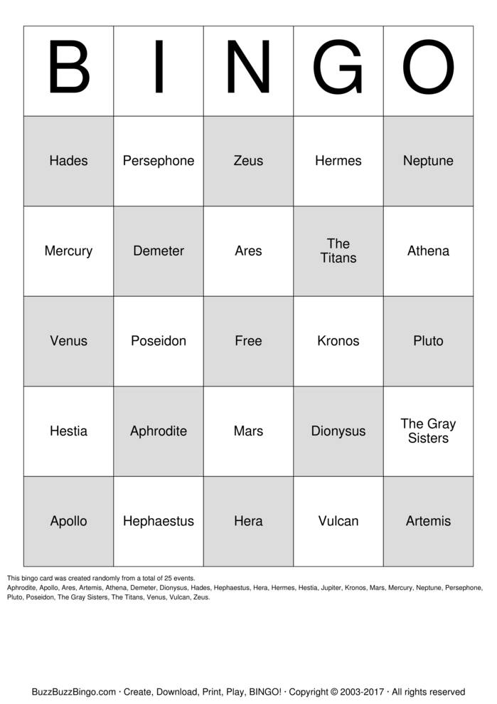 Greek Mythology Bingo Cards to Download, Print and Customize!