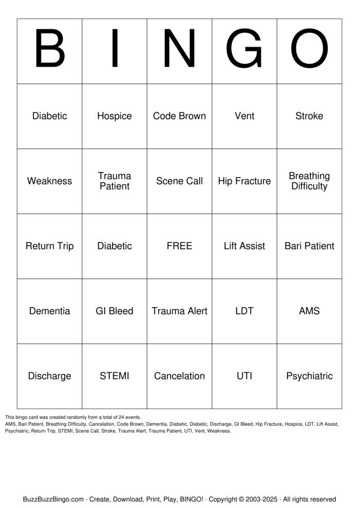 MMT AMBULANCE EMS WEEK BINGO Bingo Cards to Download, Print and Customize!