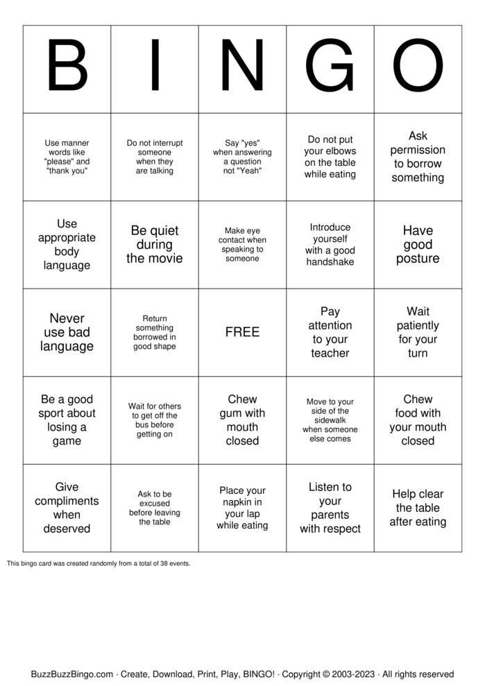 Manners Bingo Cards to Download, Print and Customize!