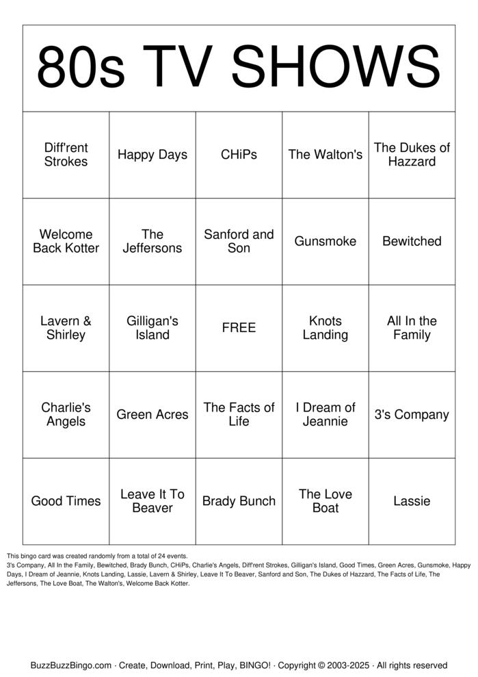 Old TV Shows Bingo Cards to Download, Print and Customize!