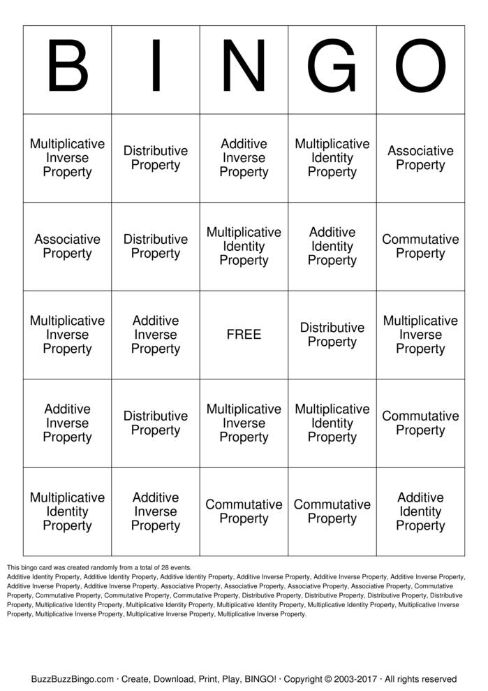 Properties of Operations Bingo Cards to Download, Print and Customize!