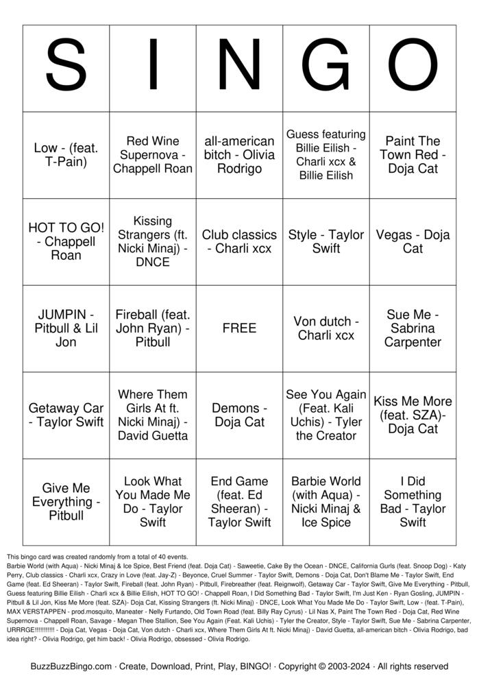 SINGO - CLASSIC Bingo Cards to Download, Print and Customize!