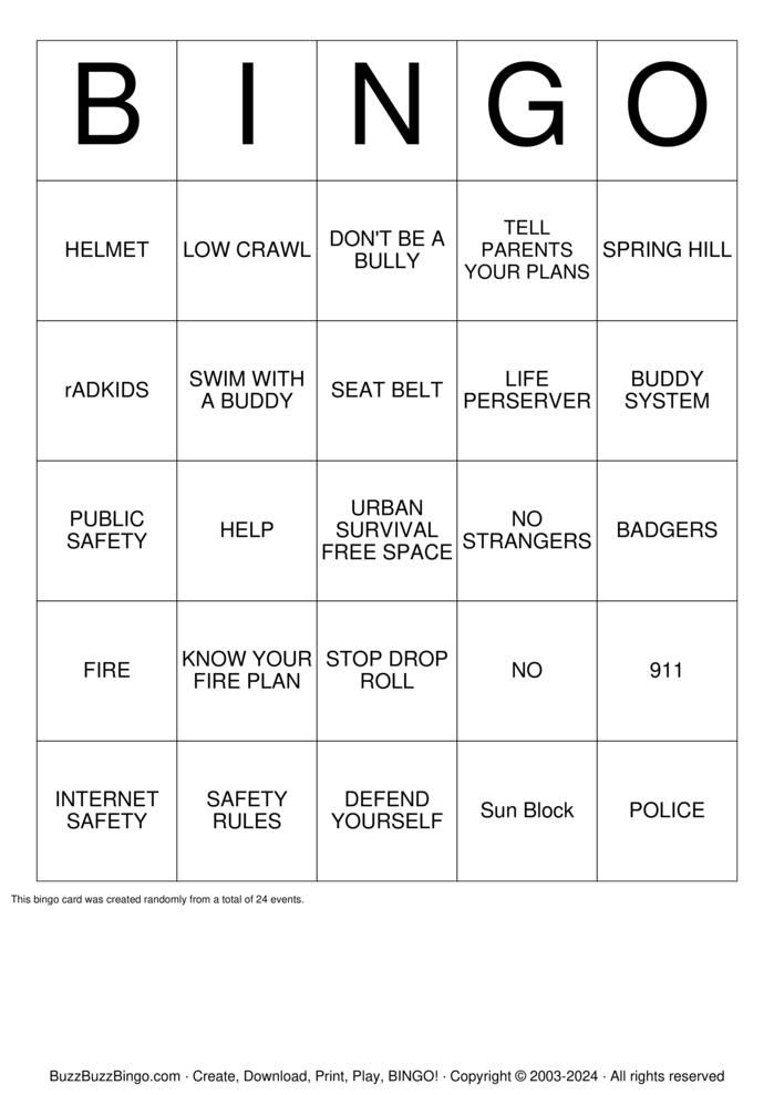 Safety Bingo Bingo Cards to Download, Print and Customize!