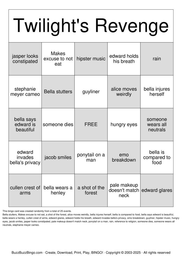 Sfo movie club TWILIGHT BINGO Bingo Cards to Download, Print and Customize!